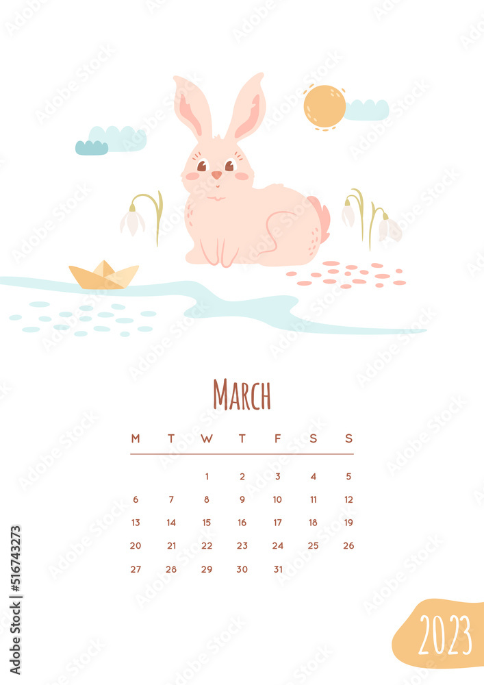 Calendar 2023 design. March page with cute rabbit walking on nature and ...