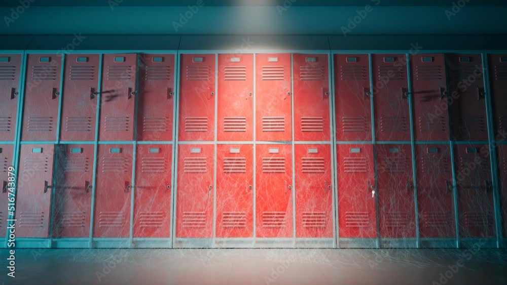 Red lockers covered by spider's webs and dust. Scary abounded school ...
