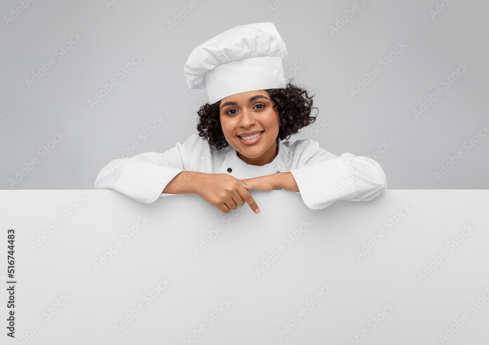cooking, advertisement and people concept - happy smiling female chef ...