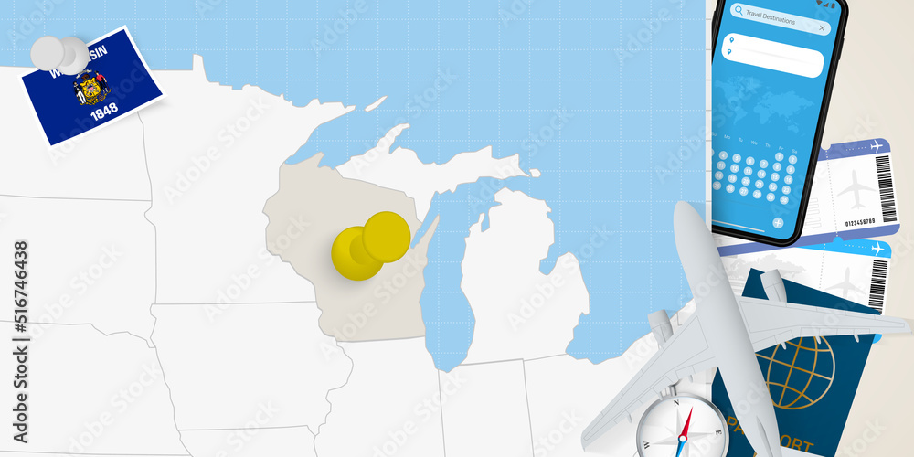 Travel to Wisconsin concept, map with pin on map of Wisconsin. Vacation ...