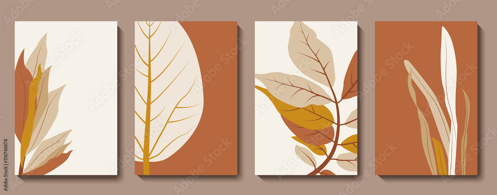 Abstract botanical wall art vector set. Boho leaf natural line art ...