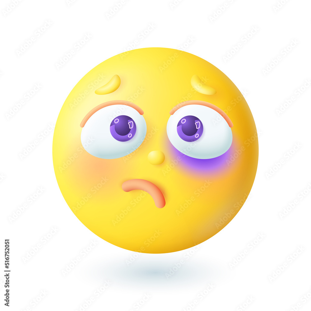 3d cartoon style upset emoticon with black eye icon. Bruised or injured ...