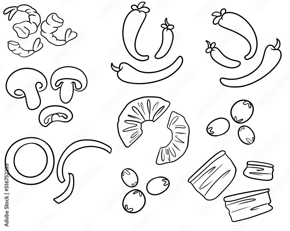 Monochrome Set of various pizza toppings in cartoon style, images of ...