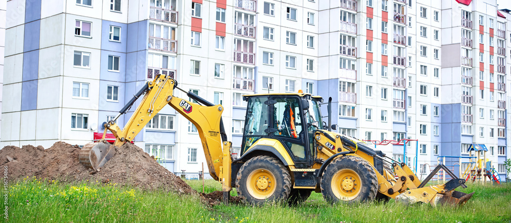 Minsk, Belarus. Jun 2022. Backhoe Loader CAT 434 dig trench, excavator ...