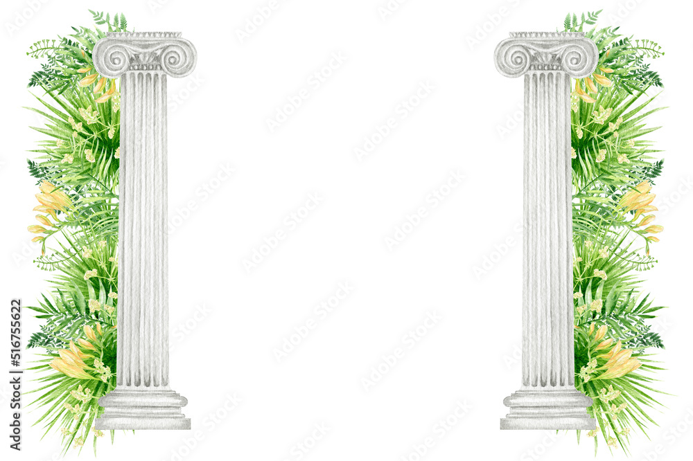 Watercolor Antique Ionic Column With Tropical Leaves Flowers Ancient