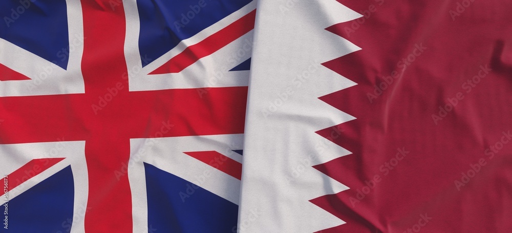 Flags of United Kingdom and Qatar. Linen flags close-up. Flag made of ...