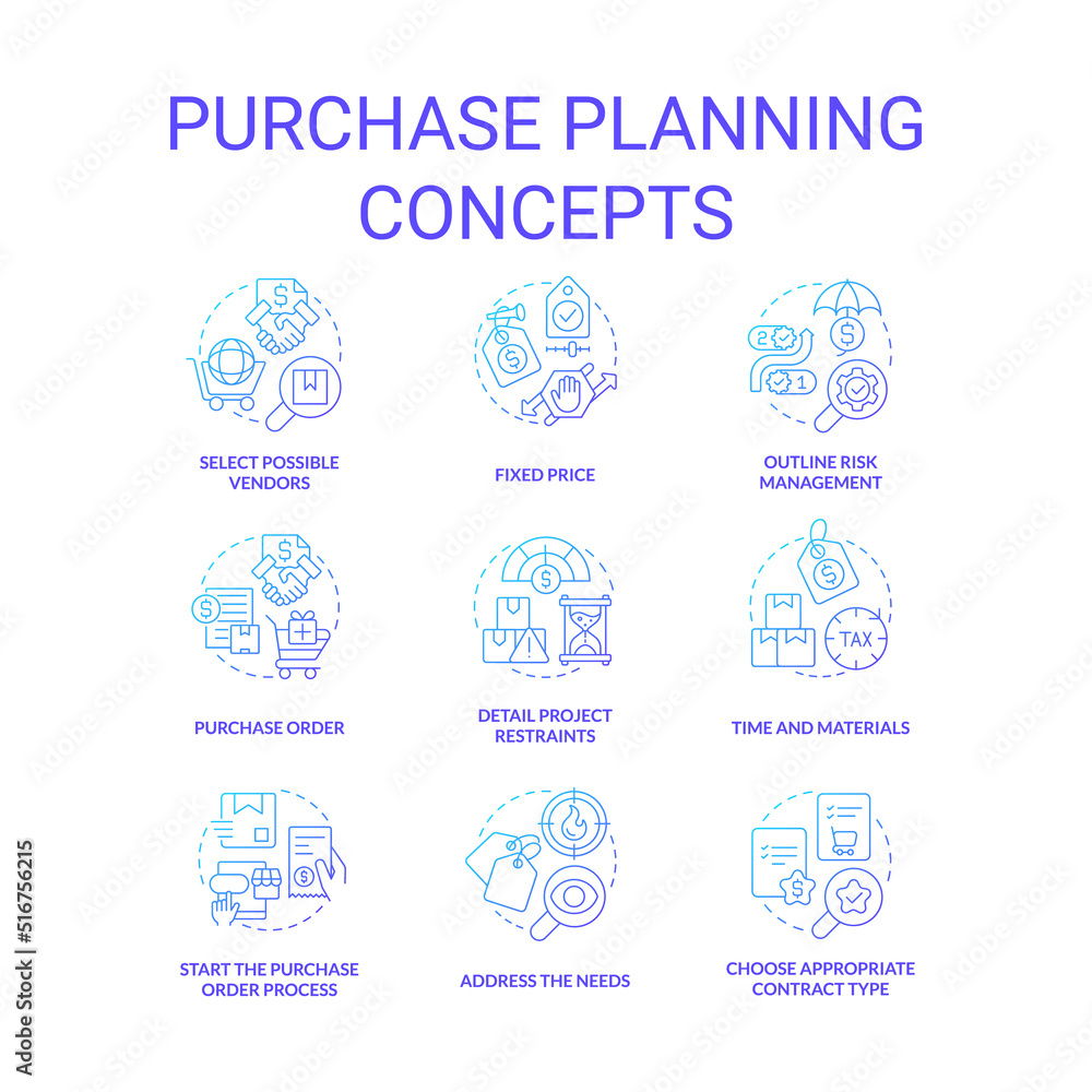 Purchase planning blue gradient concept icons set. Procurement order ...