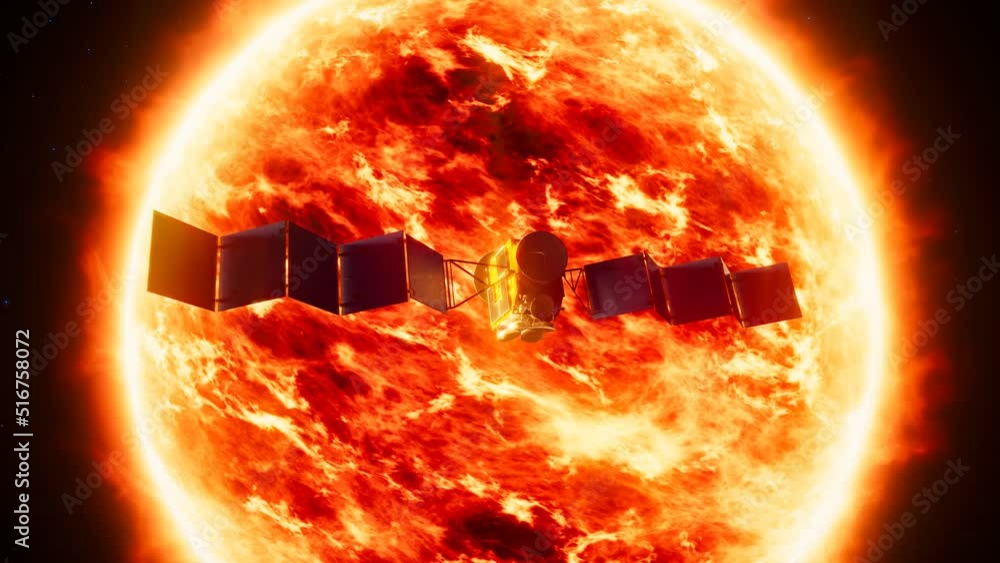 A satellite with solar panels orbiting the sun. Universe exploration ...