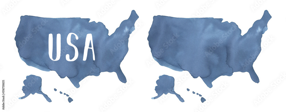 Watercolour illustration of United States Map set in navy blue color ...