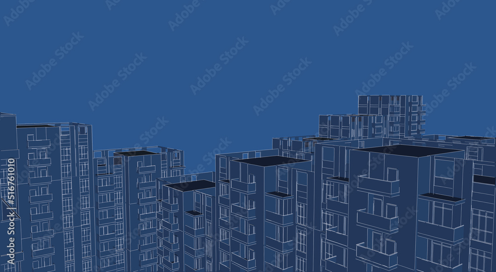 3d illustration of a crowded residential complex in a city. Homes with ...
