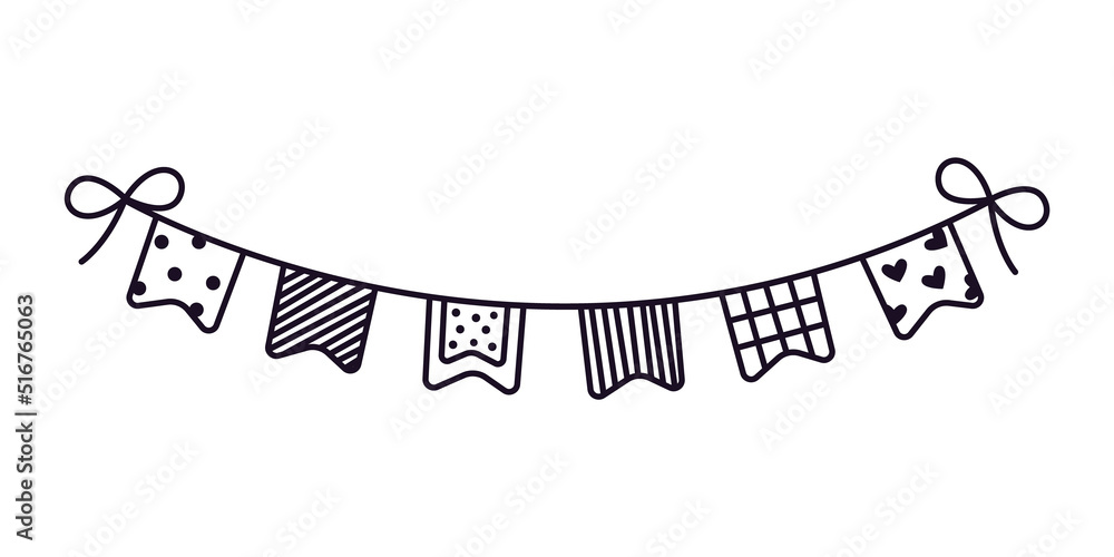 Hand drawn birthday or holiday flags for decoration. Black line doodle ...