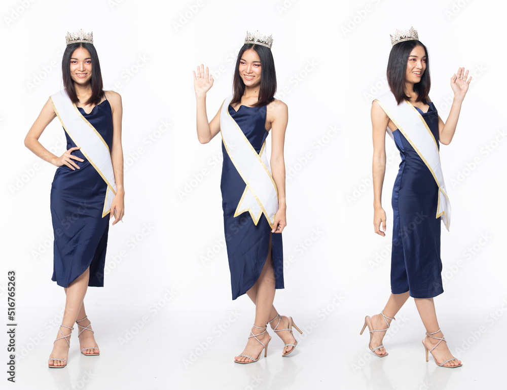 Full length body of Miss Beauty Pageant Contest wear blue evening ...