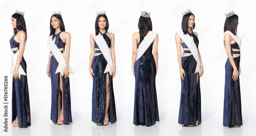 Full length body of Miss Beauty Pageant Contest wear blue evening ...