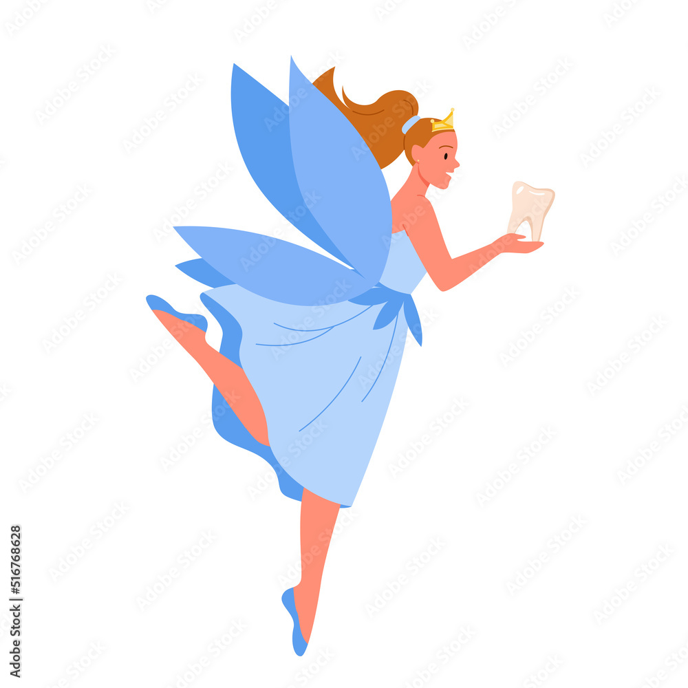 Flying tooth fairy holding tooth. Dental imaginary princess, teeth ...