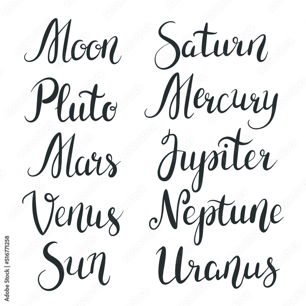 Zodiac planets hand lettering. Handwritten Venus, Uranus, Saturn, Sun ...