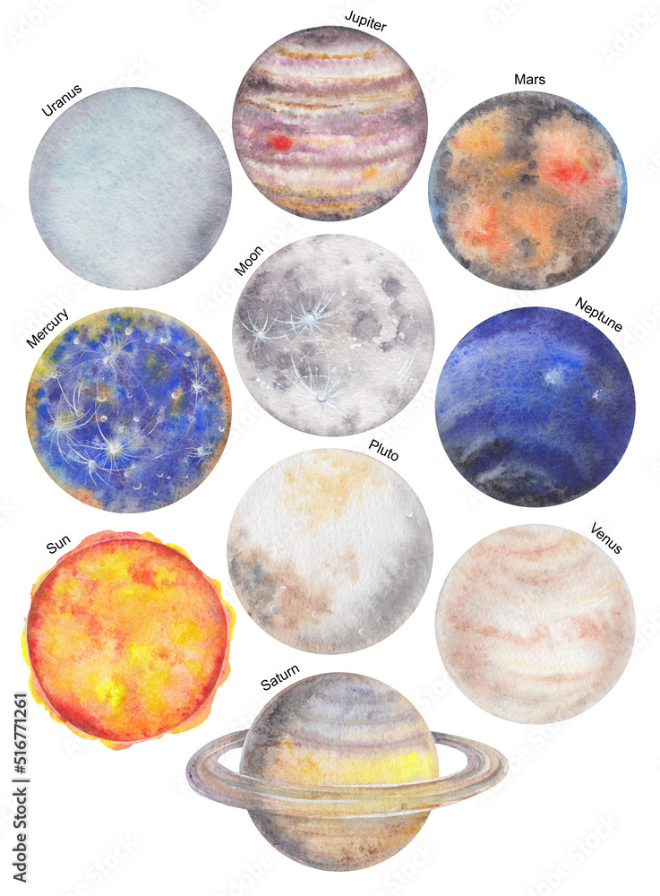 Watercolor zodiac planets set. Venus, Uranus, Saturn, Sun, Neptune ...