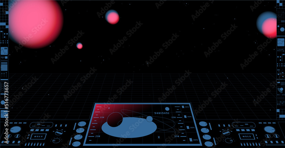 Control interface panel of spaceship interior and cosmic planet voyage ...