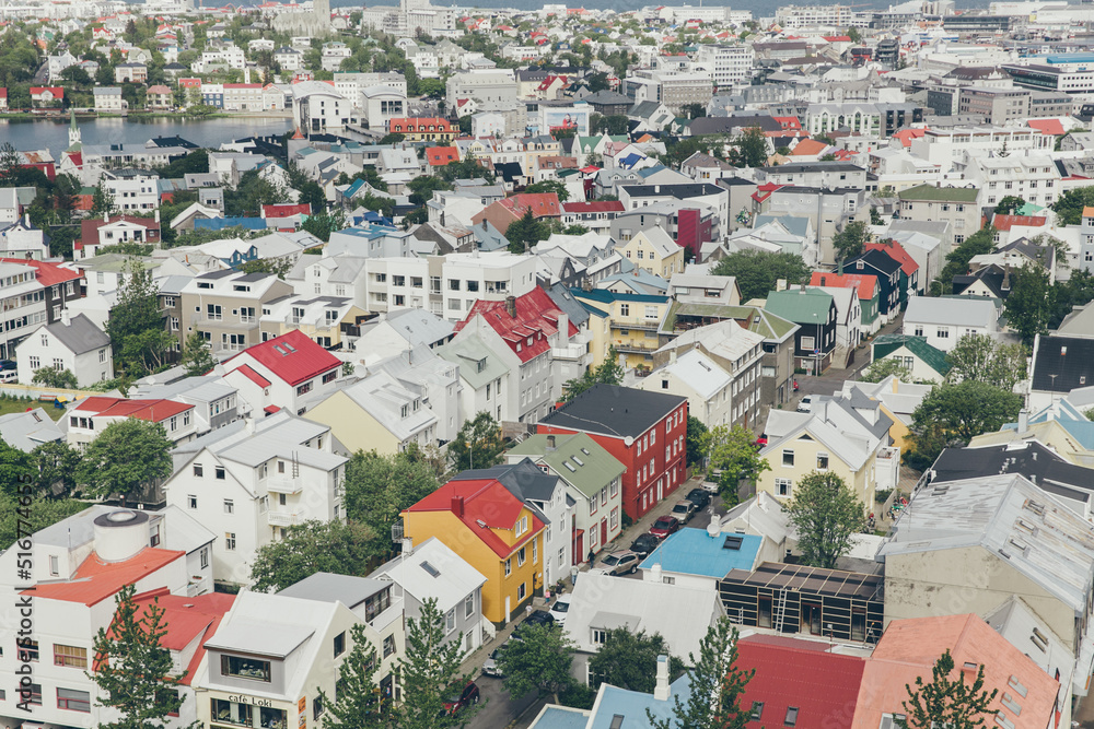 Low-rise buildings from high view. Buildings with vivid colors of the ...