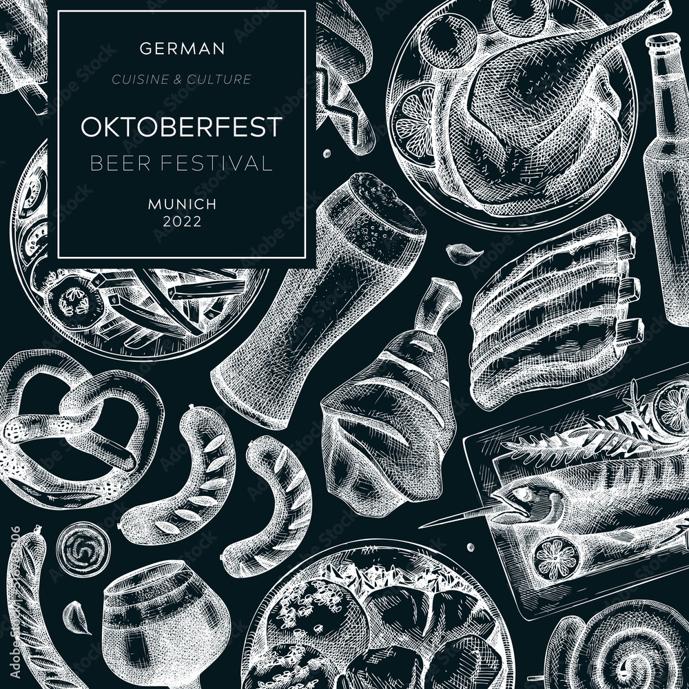 Oktoberfest square flyer template. German food and drinks menu design ...