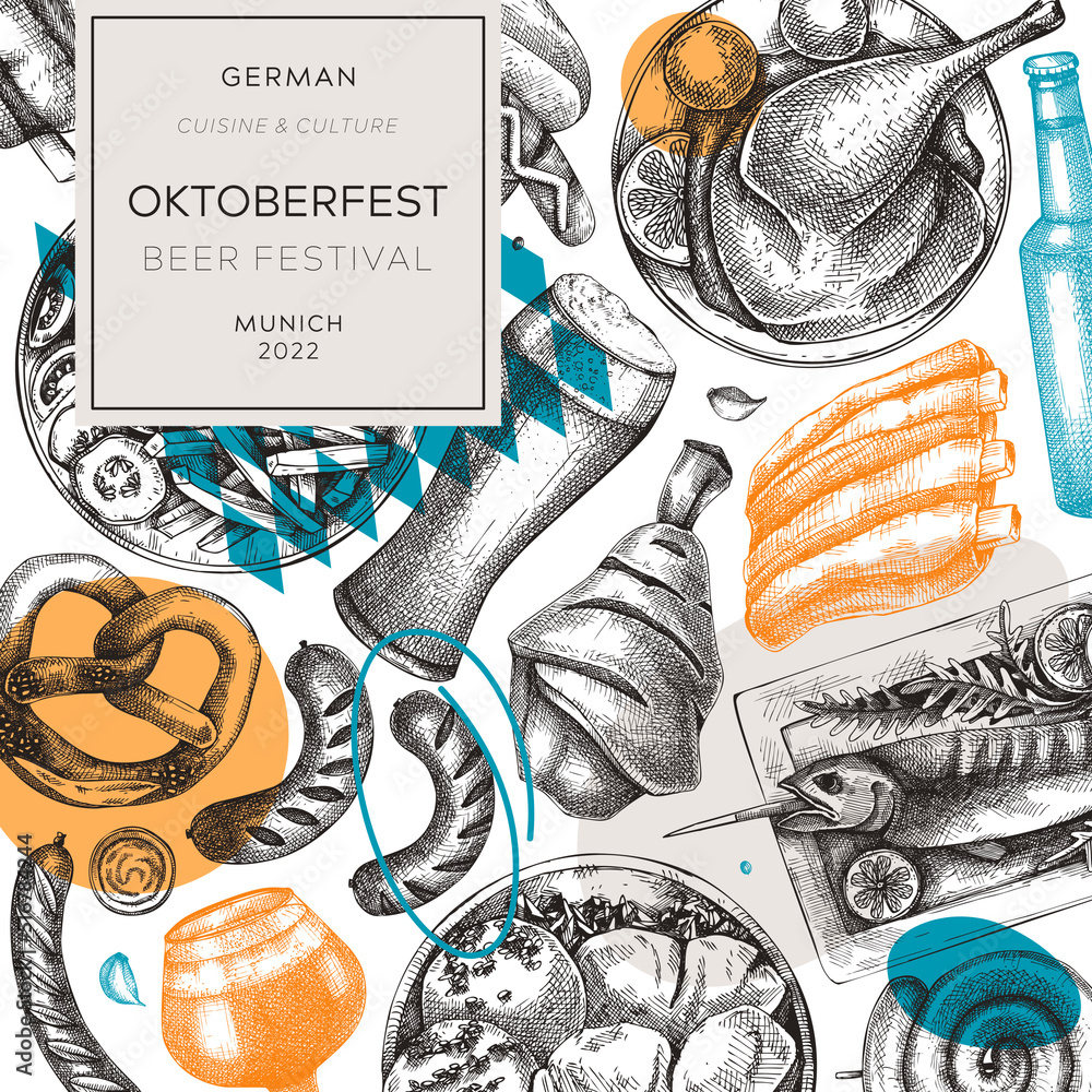 Oktoberfest square flyer template. German food and drinks menu design ...