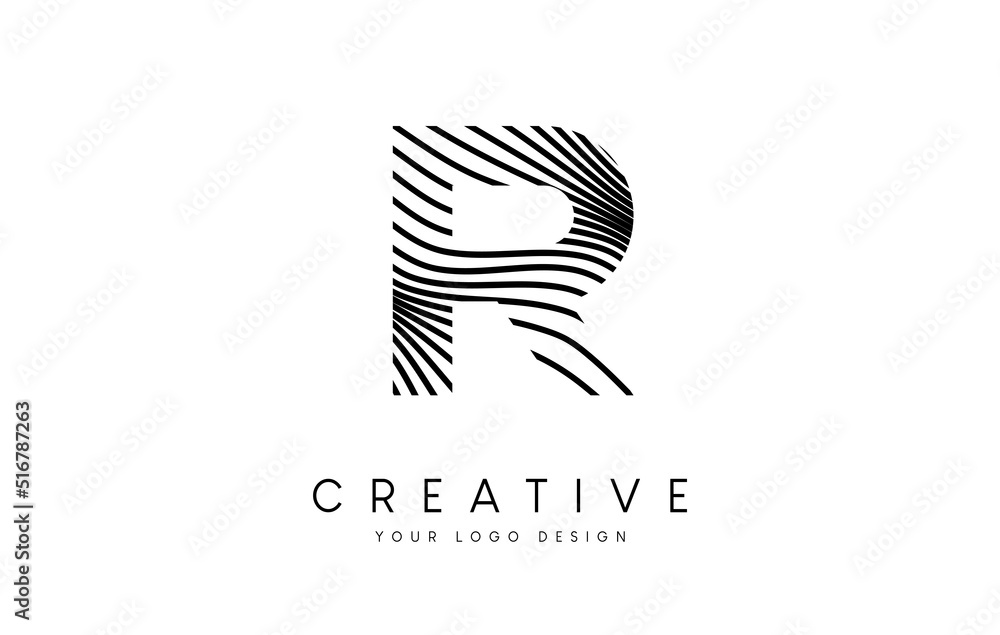 Warp Zebra Lines Letter R logo Design with Black and White Lines and ...