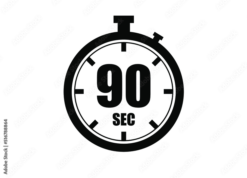 90 Seconds timers clock. Time measure. Chronometer vector icon black isolated on white ...