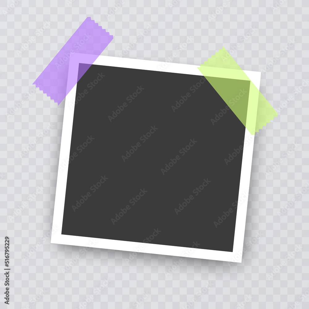 Polaroid photo frame fixed with adhesive tape on a transparent ...