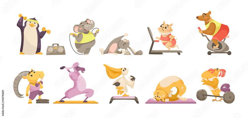 Animal characters doing sport cartoon illustration set. Cute pets ...