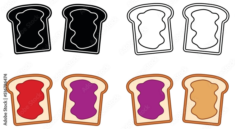 Bread with Peanut Butter, Jam and Jelly Spread Clipart Set - Outline ...