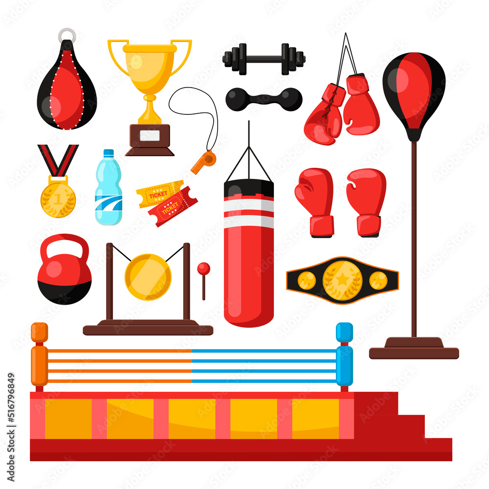 Boxing equipment and elements flat vector illustrations set. Cartoon ...