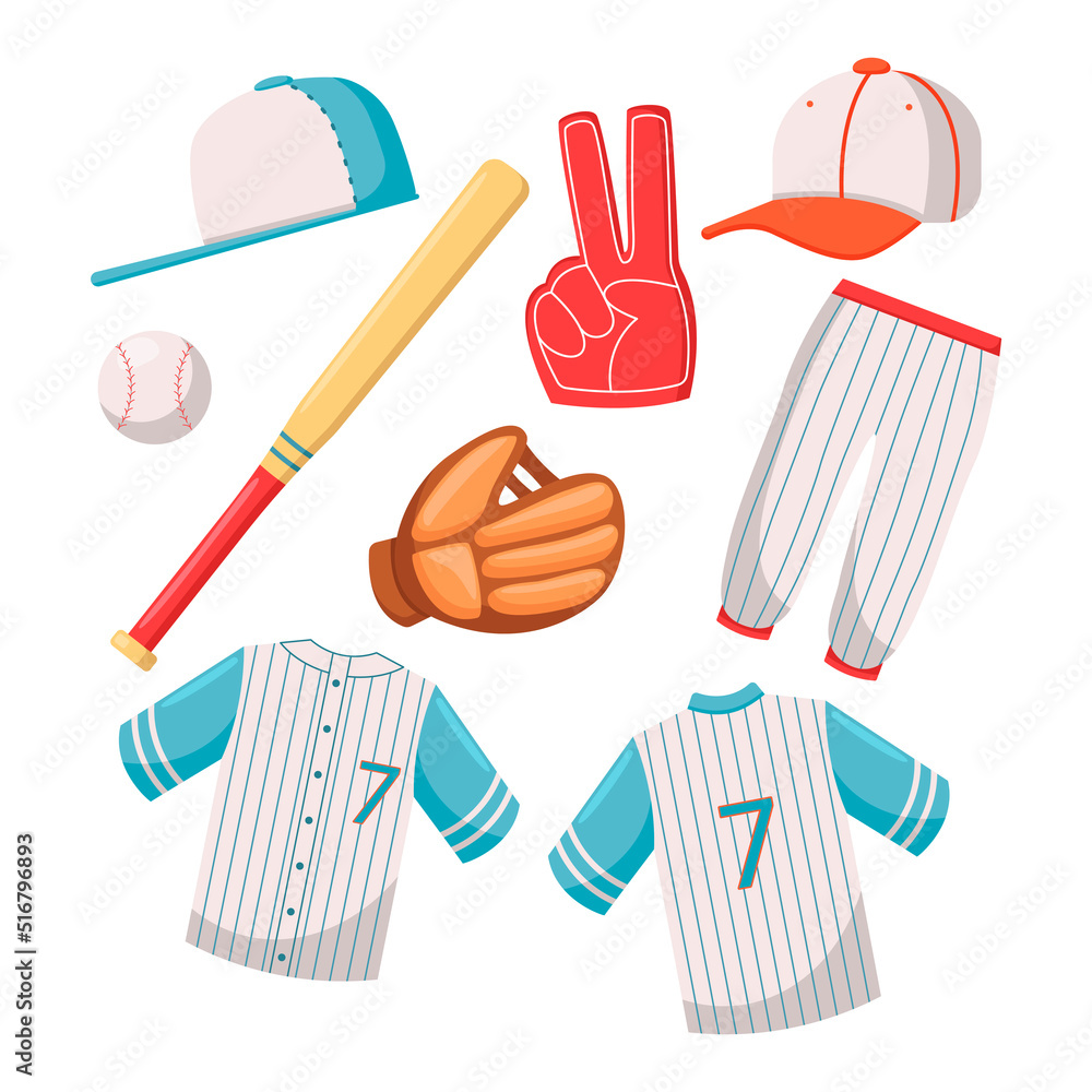 Clothes and equipment for baseball vector illustrations set ...