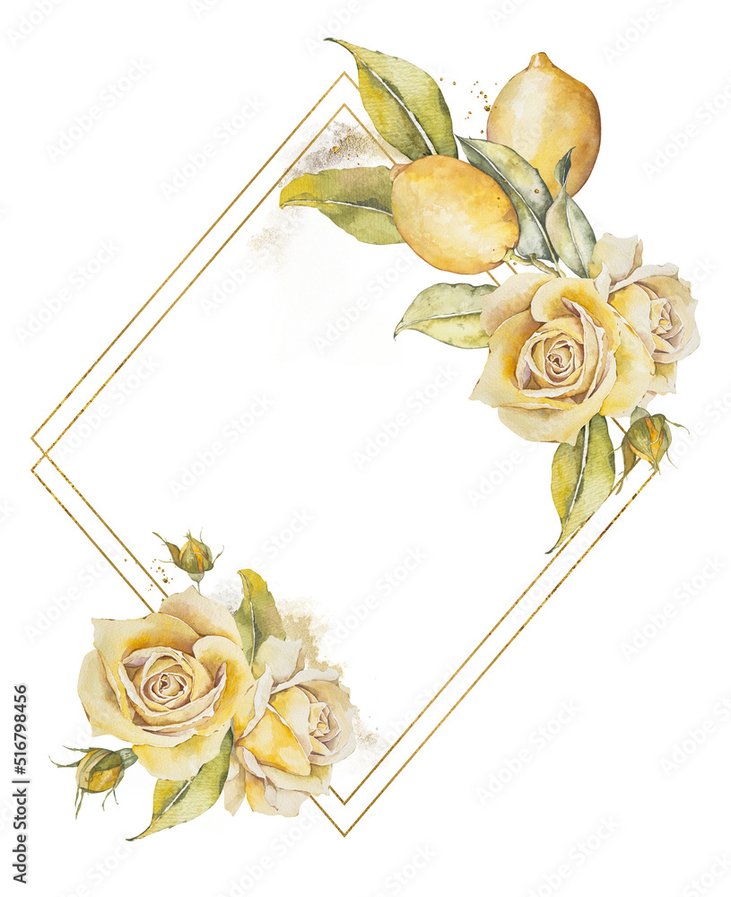 Watercolor lemon and yellow roses with greenery wreath, frame, border ...