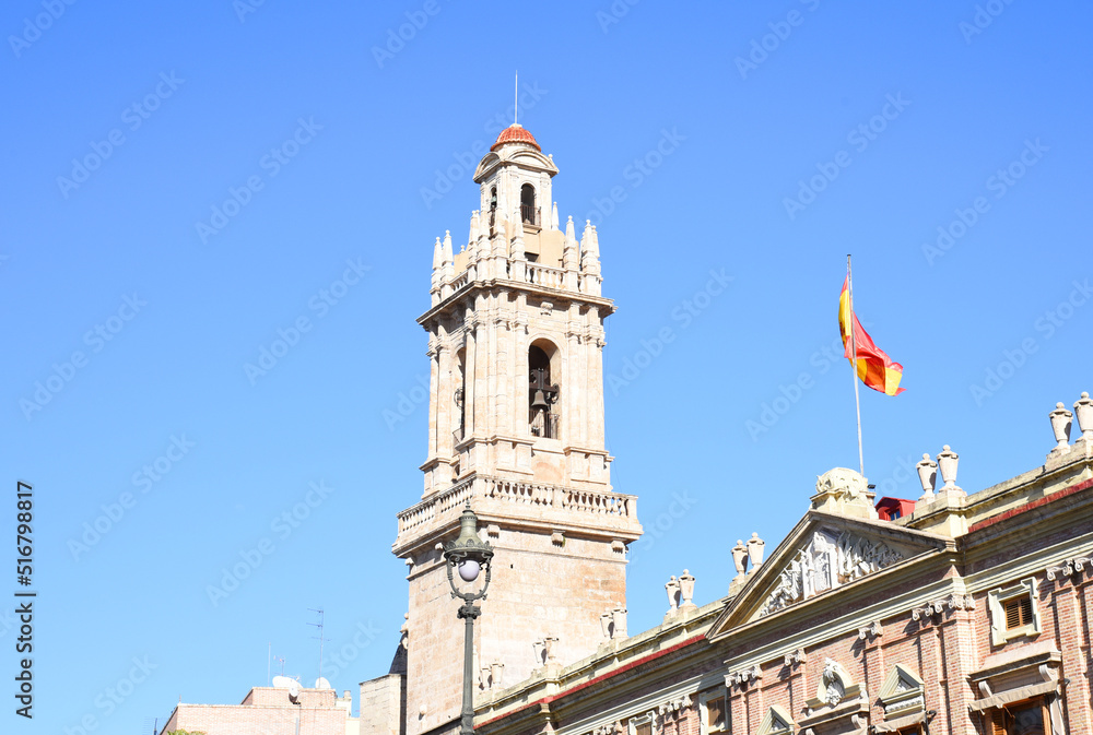 Spain flag on castle. Valencian Community flag is an autonomous ...