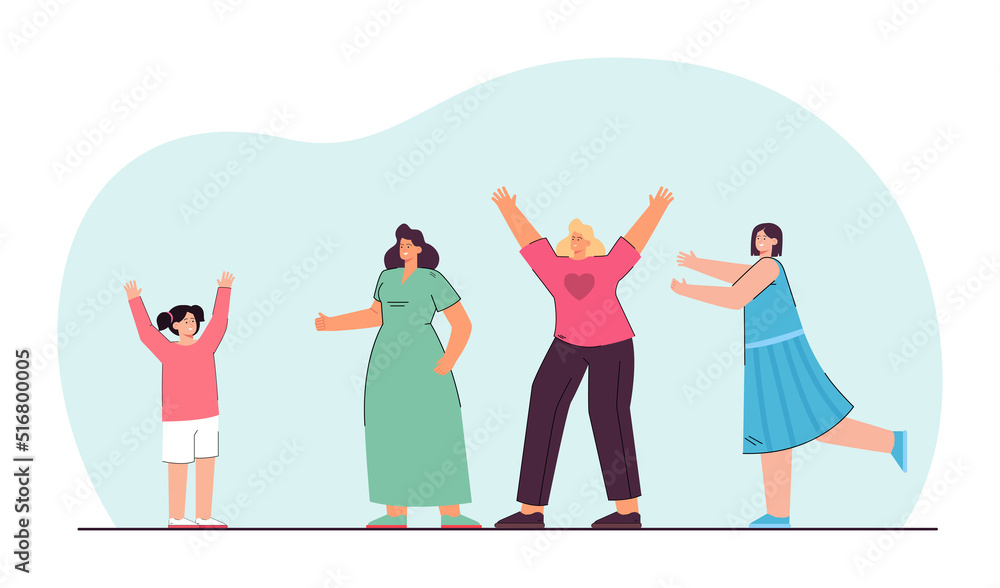 Cartoon women cheering for happy little girl. Daughter with celebrating ...
