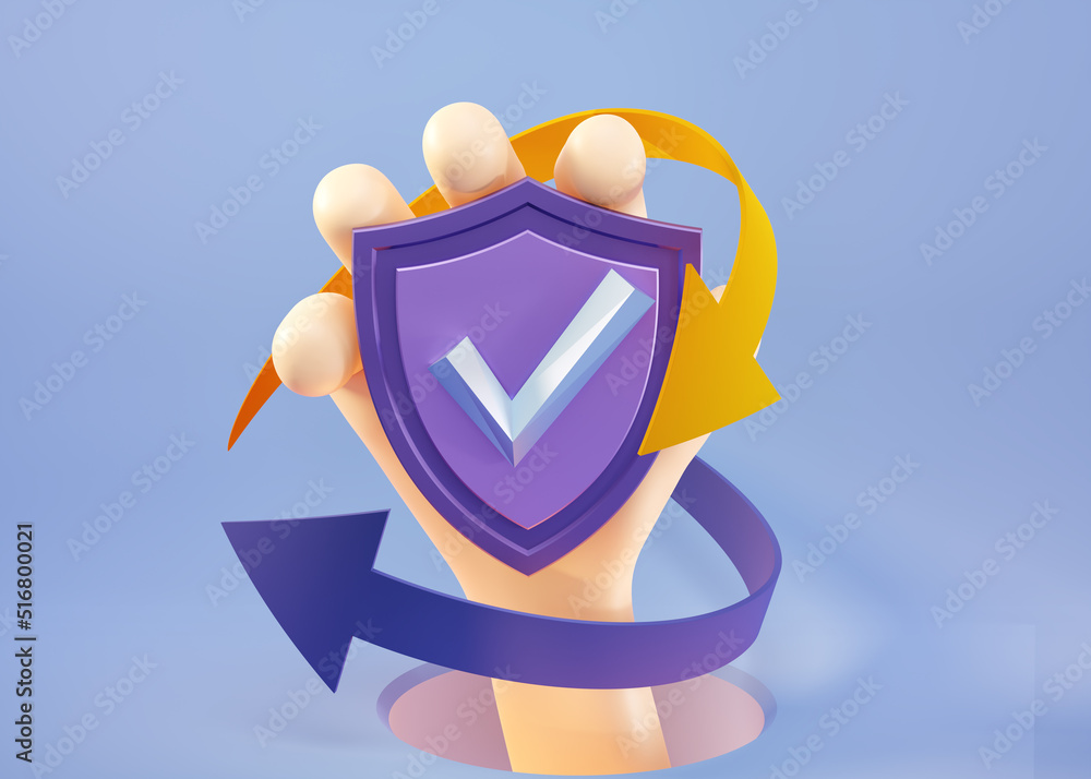 cartoon hand holding a shield, flying arrows around, 3d rendering ...