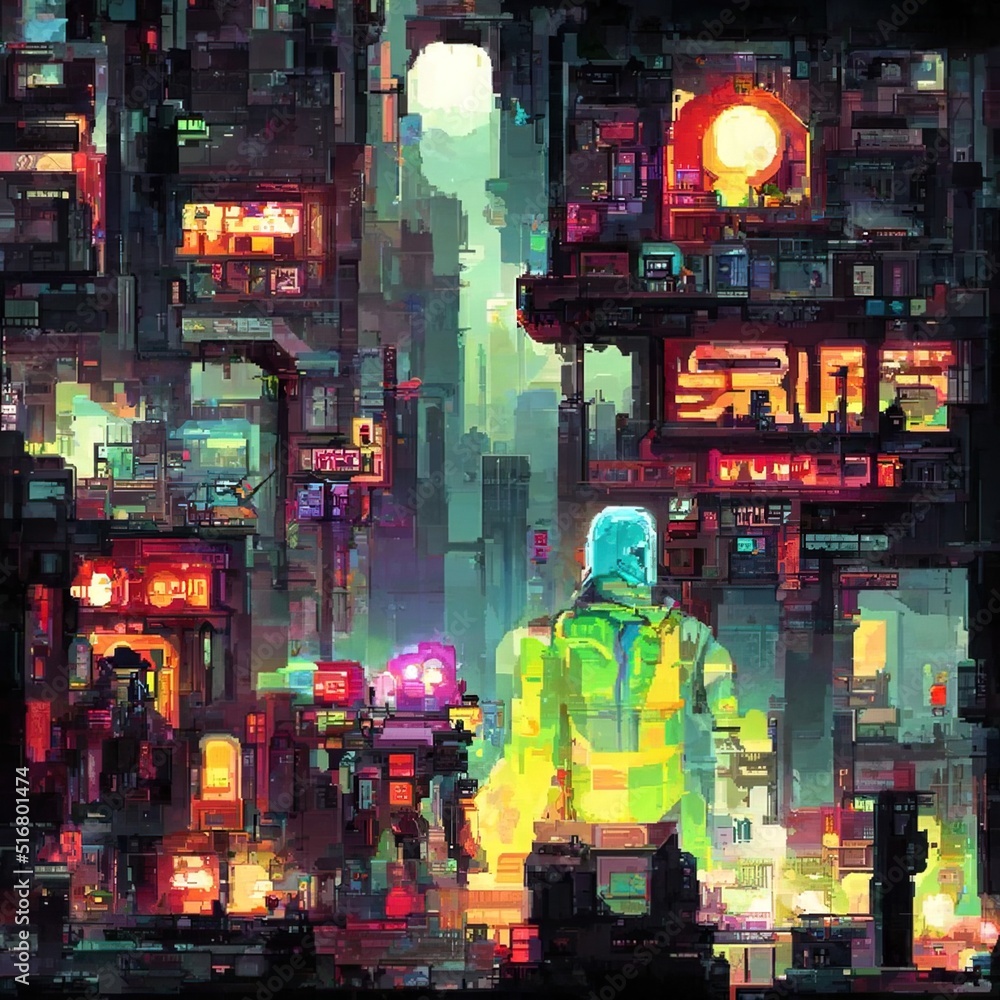 Cyberpunk neon city night. Futuristic city scene in a style of pixel art. 80's wallpaper. Retro ...