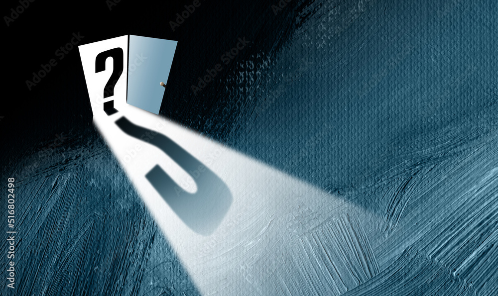 Question mark at the open door abstract graphic background Stock ...