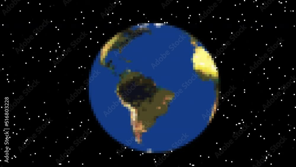 8-bit pixel art style animation: planet Earth, rotating in space, with ...