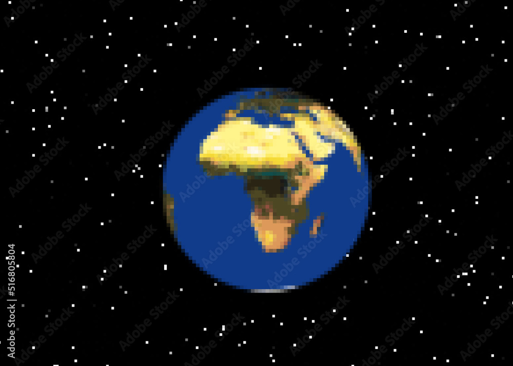 Naklejka 8-bit pixel art style illustration: planet Earth in space ...