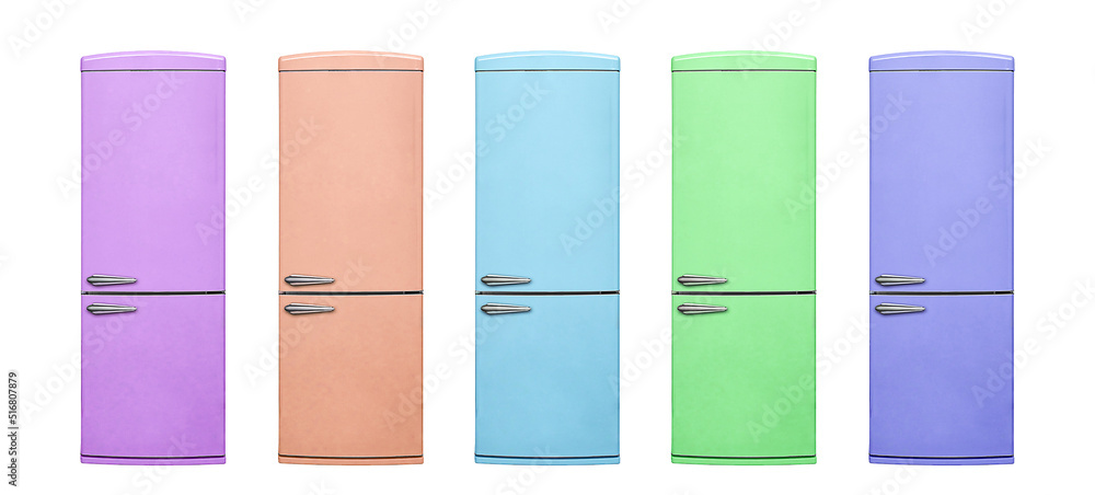 Multi colored refrigerators on white background. Home freezers for ...