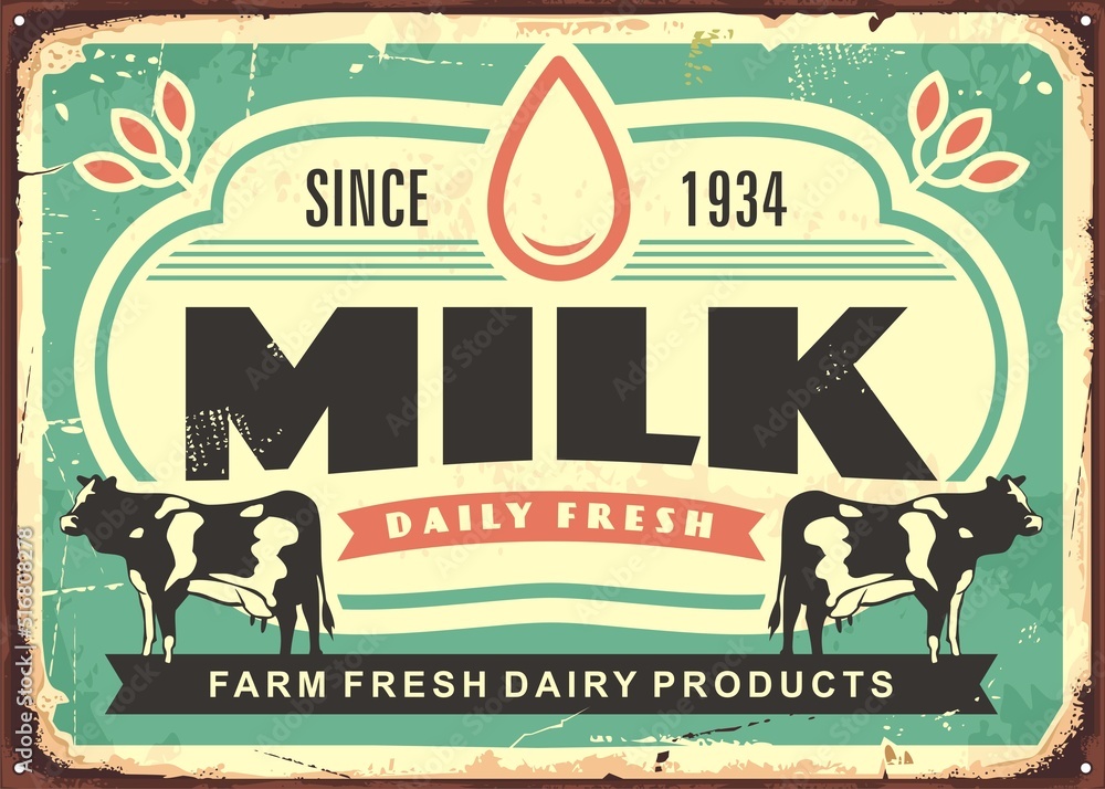 Milk farm fresh dairy products advertisement. Food and drink retro ...
