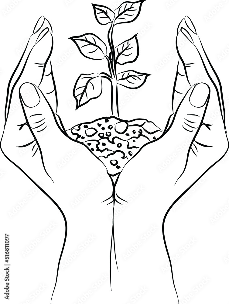 Doodle style line drawing of hands of persons holding a tree together ...