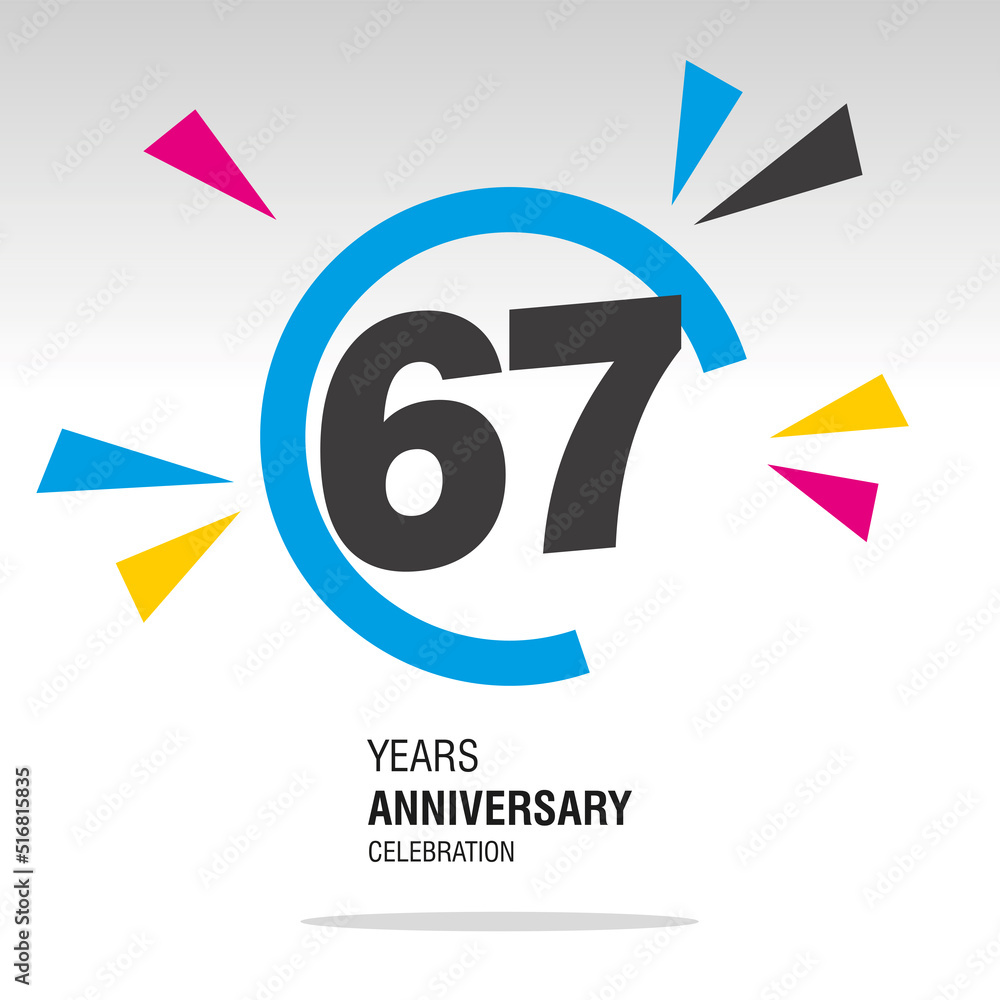 67 Years Anniversary, number in broken circle with colorful bang of ...