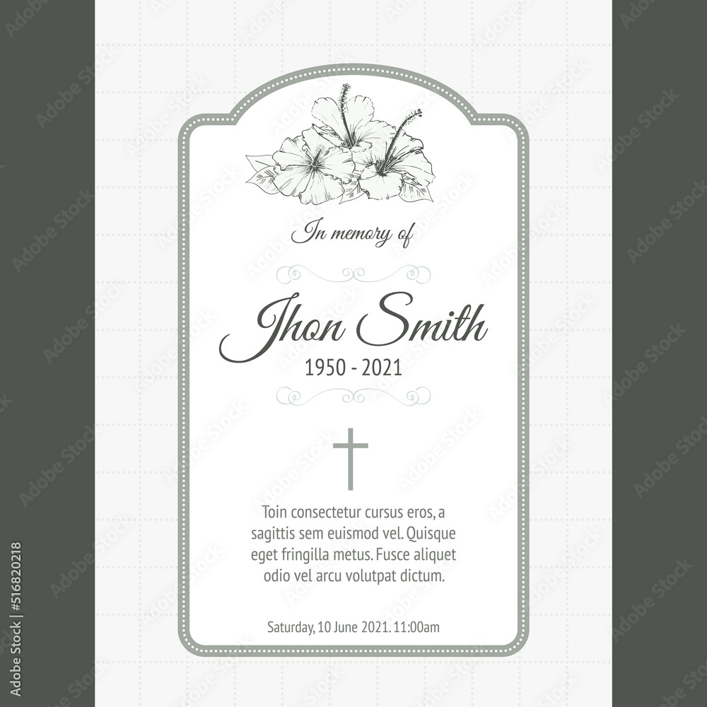funeral card template with green bouquet flowers illustration Stock ...