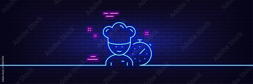 Neon light glow effect. Chef time line icon. Chief-cooker sign. Food ...