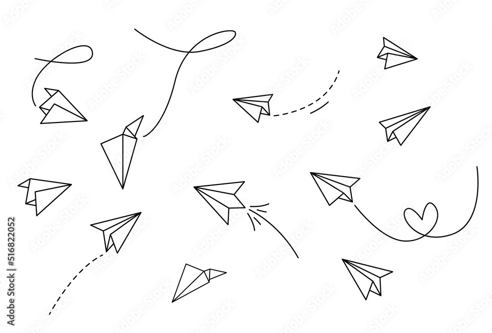Set of vector illustration of hand drawn paper plane. Isolated. Outline ...