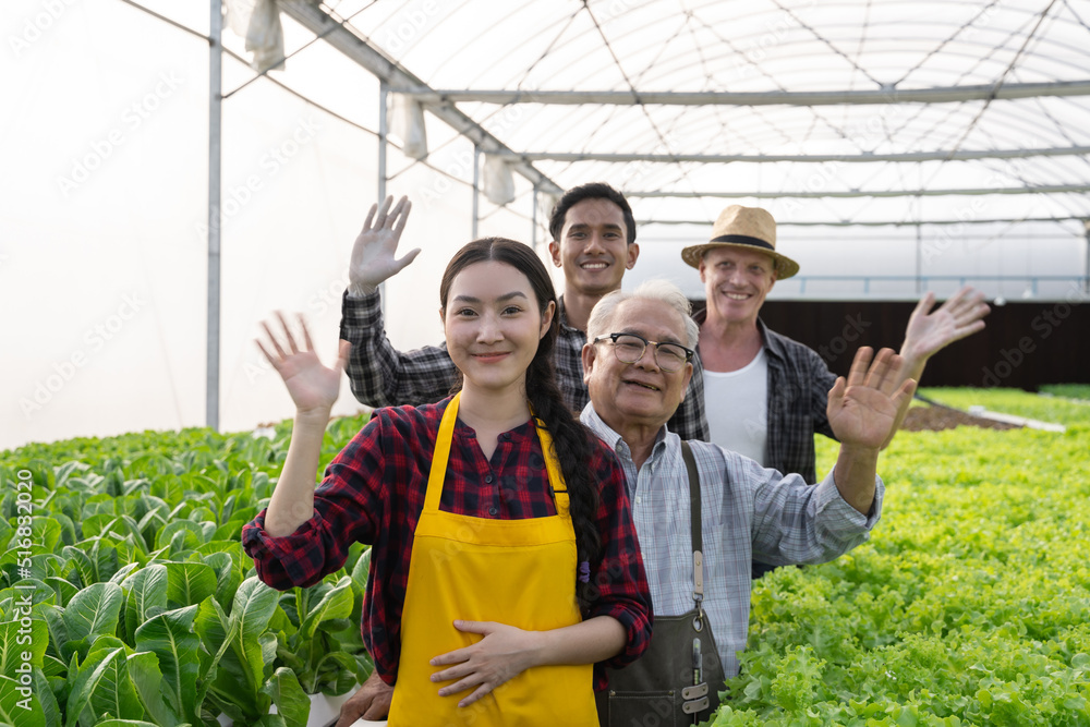 Portrait group diversity of vegetable farm workers waving hand welcome ...