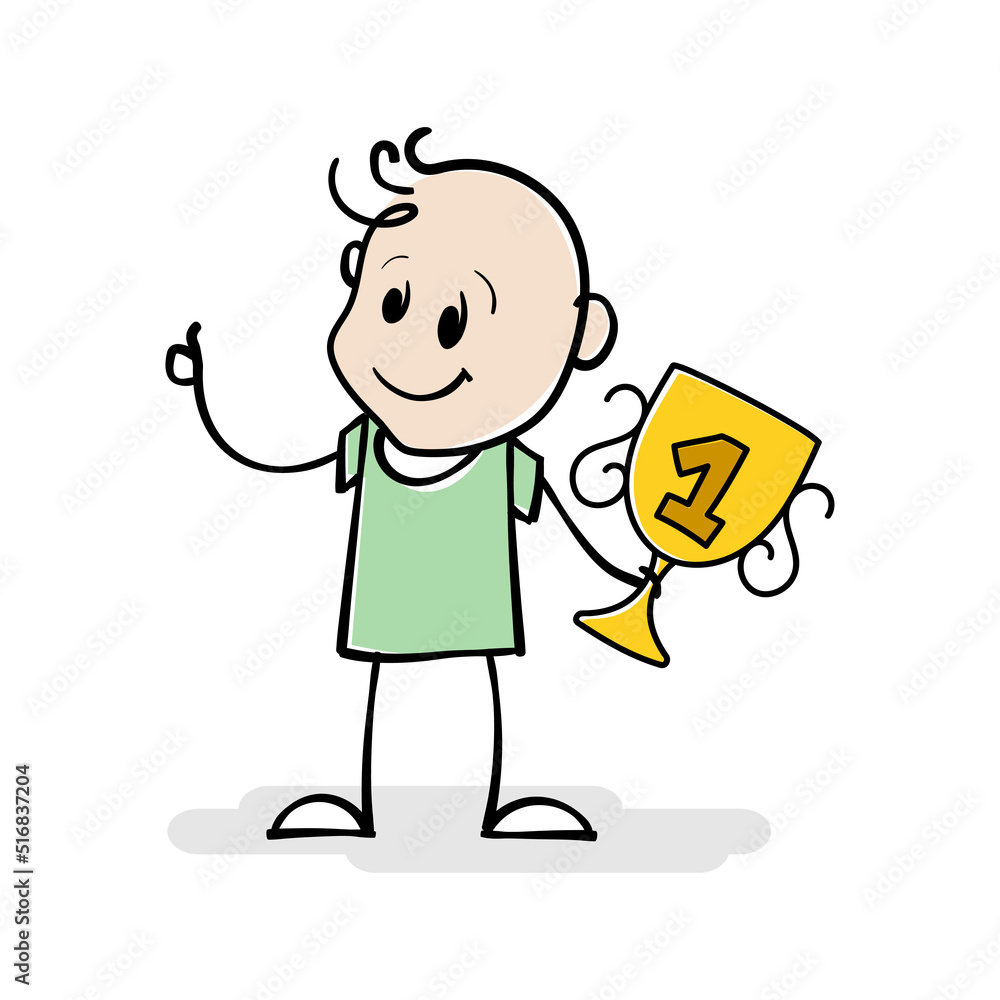 Cartoon stickman drawing illustration of young man holding number one ...