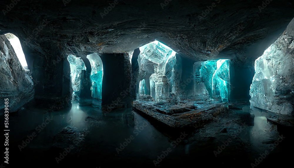 Abstract ice underground fantasy caves. Rays of light in a dark ice ...