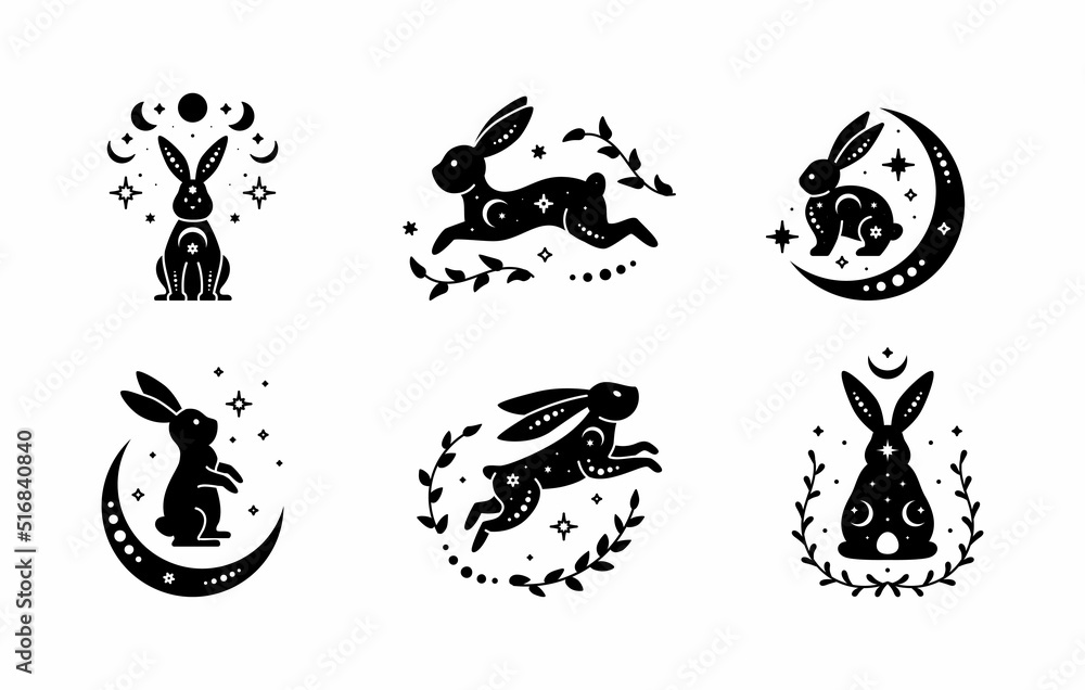 Set of celestial animal silhouettes of rabbit. Magic bunnies. Black ...